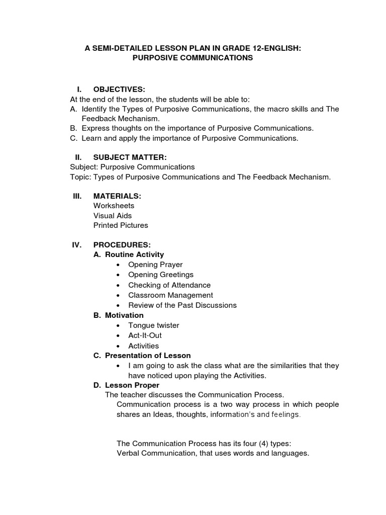 A Semi-Detailed Lesson Plan in Grade 12-English: Purposive ...