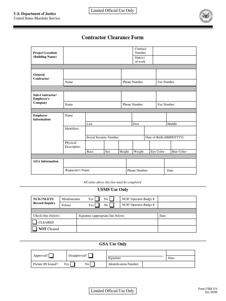 USMS contractor clearance form | PDF | Government Information | Justice