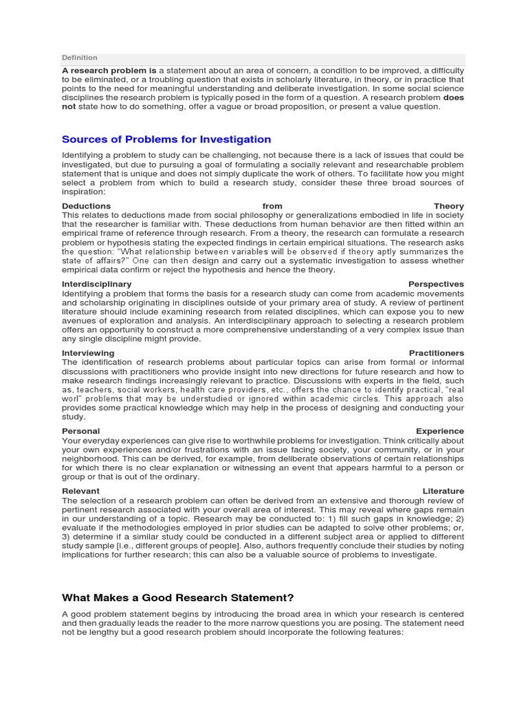 Sources of Problems For Investigation: What Makes A Good Research ...