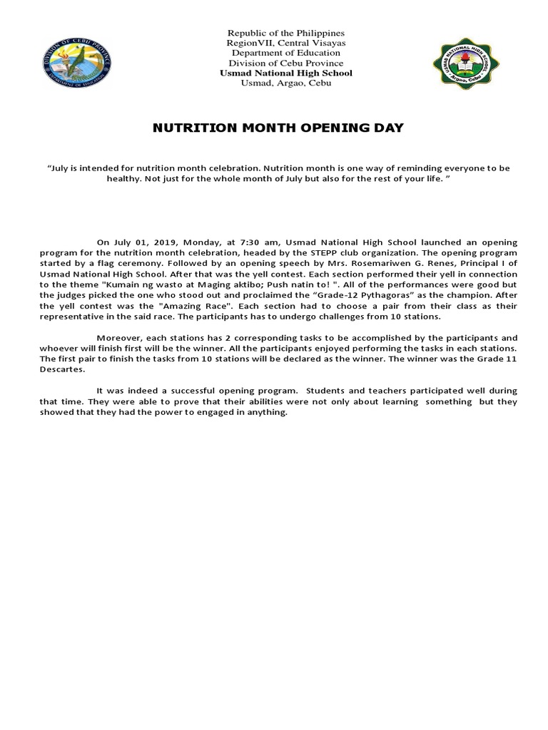 Opening Program Nutrition Month Narrative | PDF | Wellness