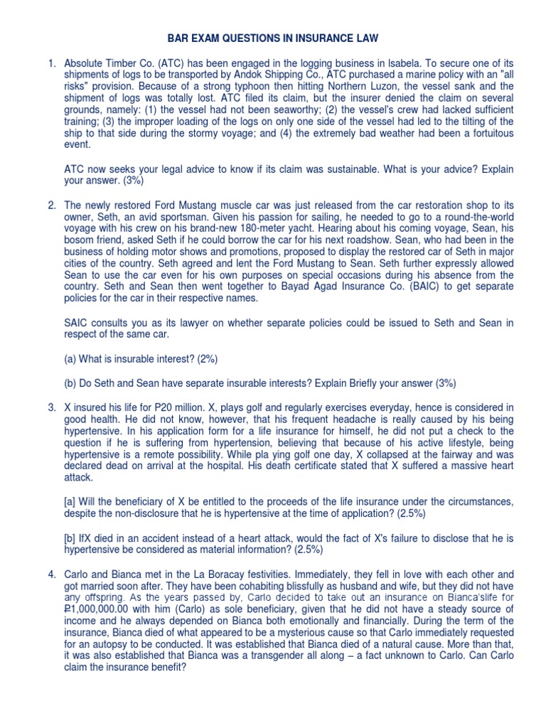 Bar Exam Questions in Insurance Law | PDF | Insurance | Lease