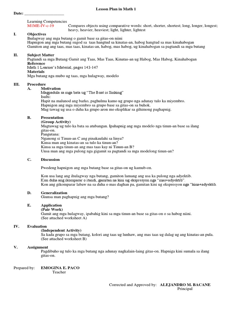 Lesson Plan in Math 1 For Evaluation | PDF