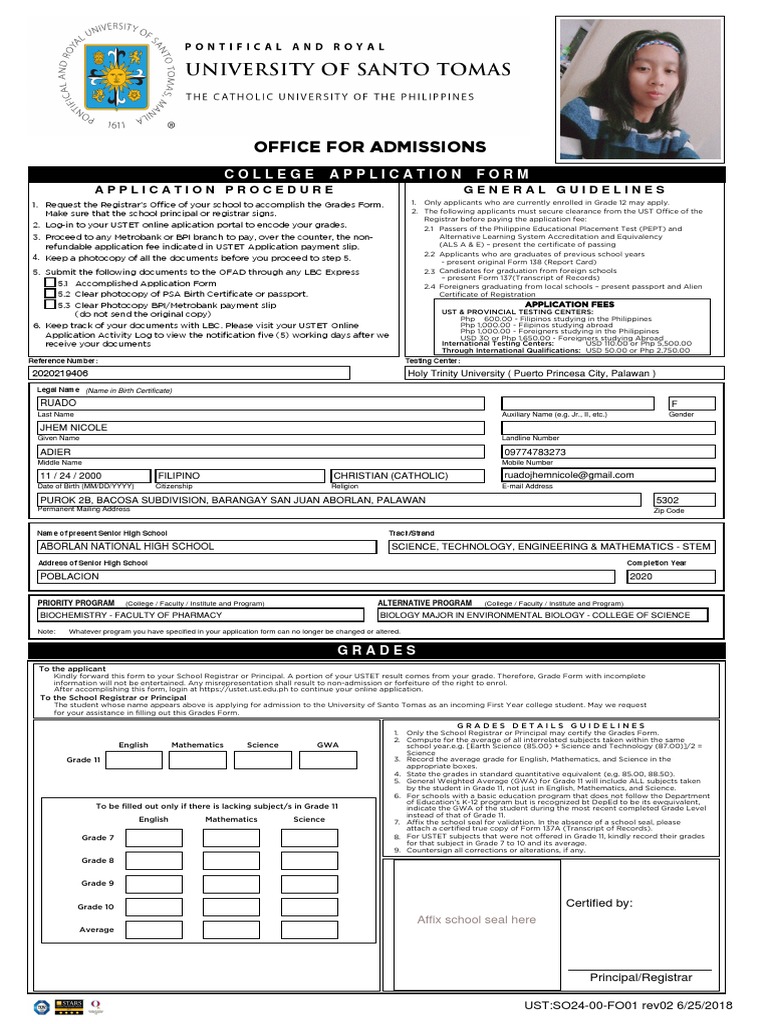 Office For Admissions: College Application Form | PDF | University And ...