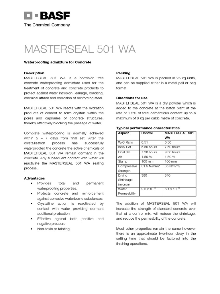 Masterseal 501 Wa Tds | PDF | Concrete | Materials