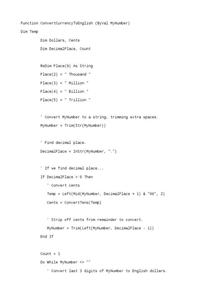 VB function converts numbers to words | PDF | Foreign Exchange Market ...