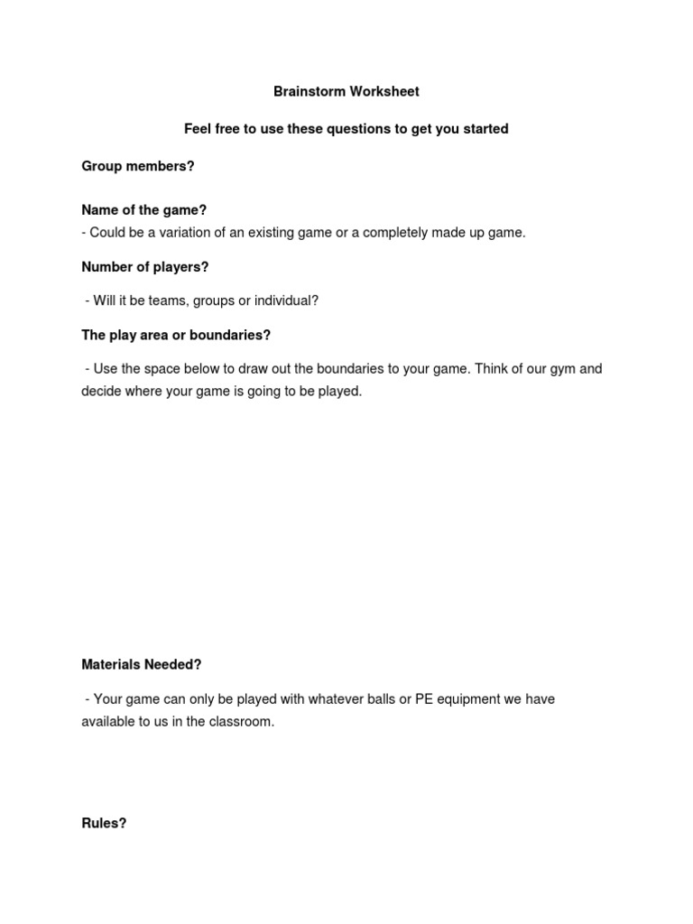 Game Creation Brainstorm Worksheet | PDF