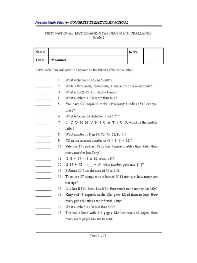 Grade 2 Metrobank MTAP DepEd Math Challenge: Solutions to 50 Math ...