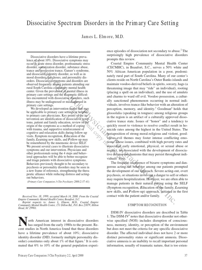 Dissociative Spectrum Disorders in The Primary Care Setting: One ...