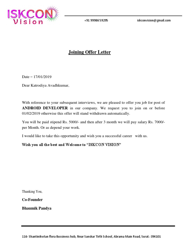 Joining Offer Letter - Avadh | PDF | Business