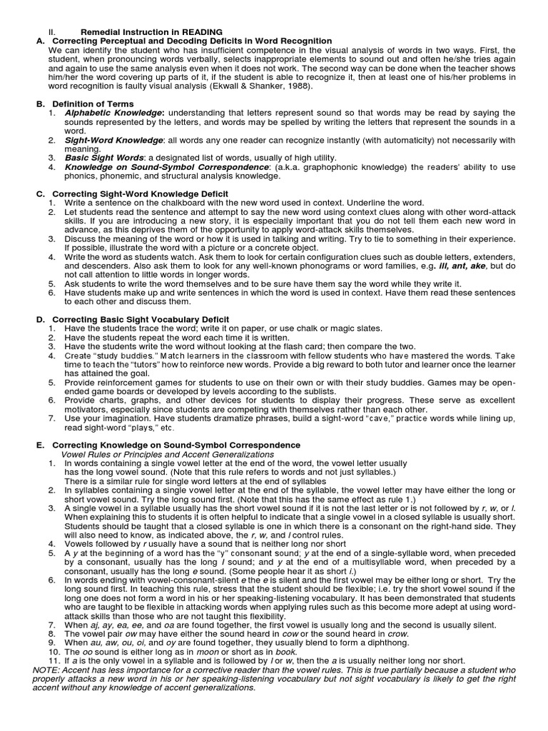 Remedial Instruction in READING Handout | PDF | Reading Comprehension ...