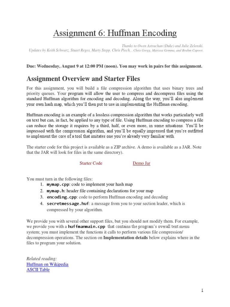 Assignment 6: Huffman Encoding: Assignment Overview and Starter Files ...