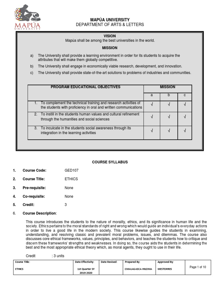 GED107 Syllabus TTHS | PDF | Bioethics | Virtue Ethics