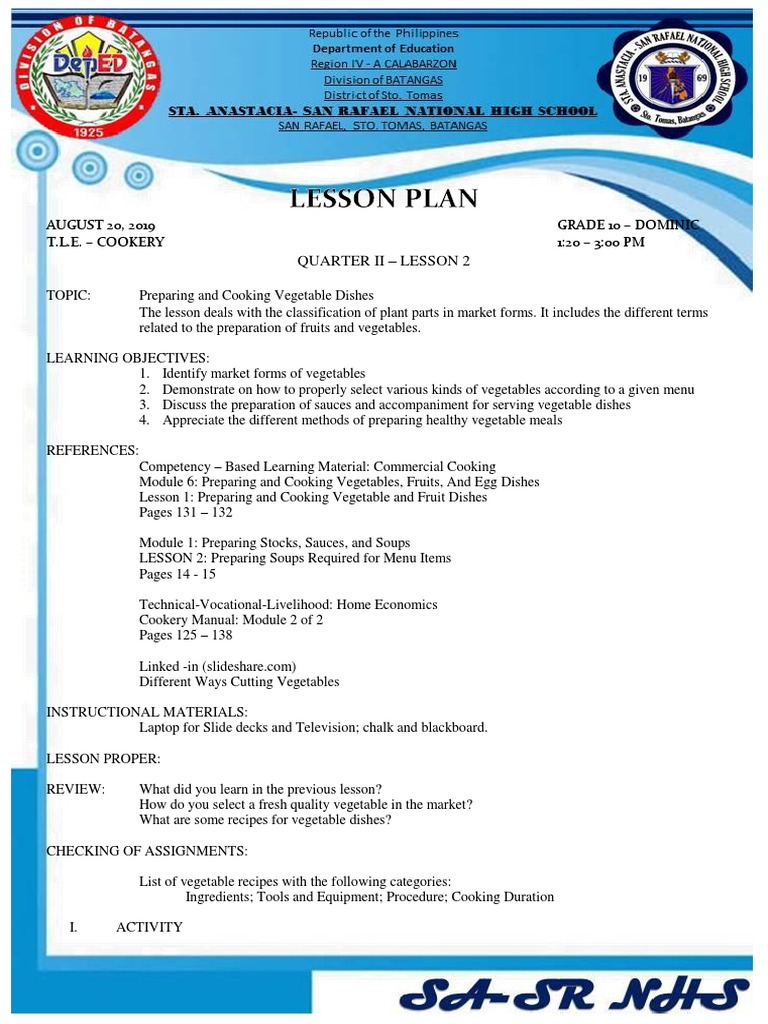 LESSON PLAN FOR COOKERY (6 A's FORMAT) | PDF | Soup | Vegetables