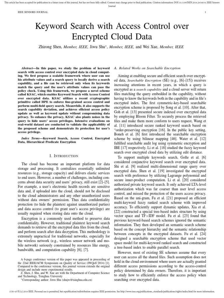 Keyword Search With Access Control Over Encrypted Cloud Data | PDF | Encryption | Key (Cryptography)