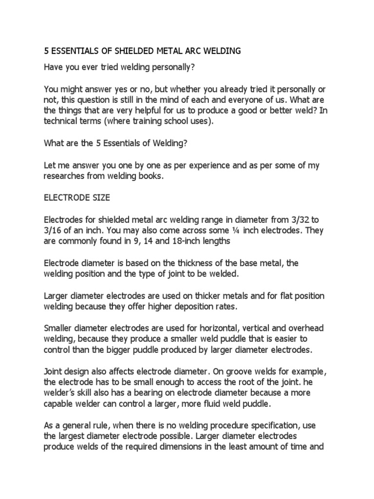 5 Essentials Of Shielded Metal Arc Welding Pdf Welding Construction