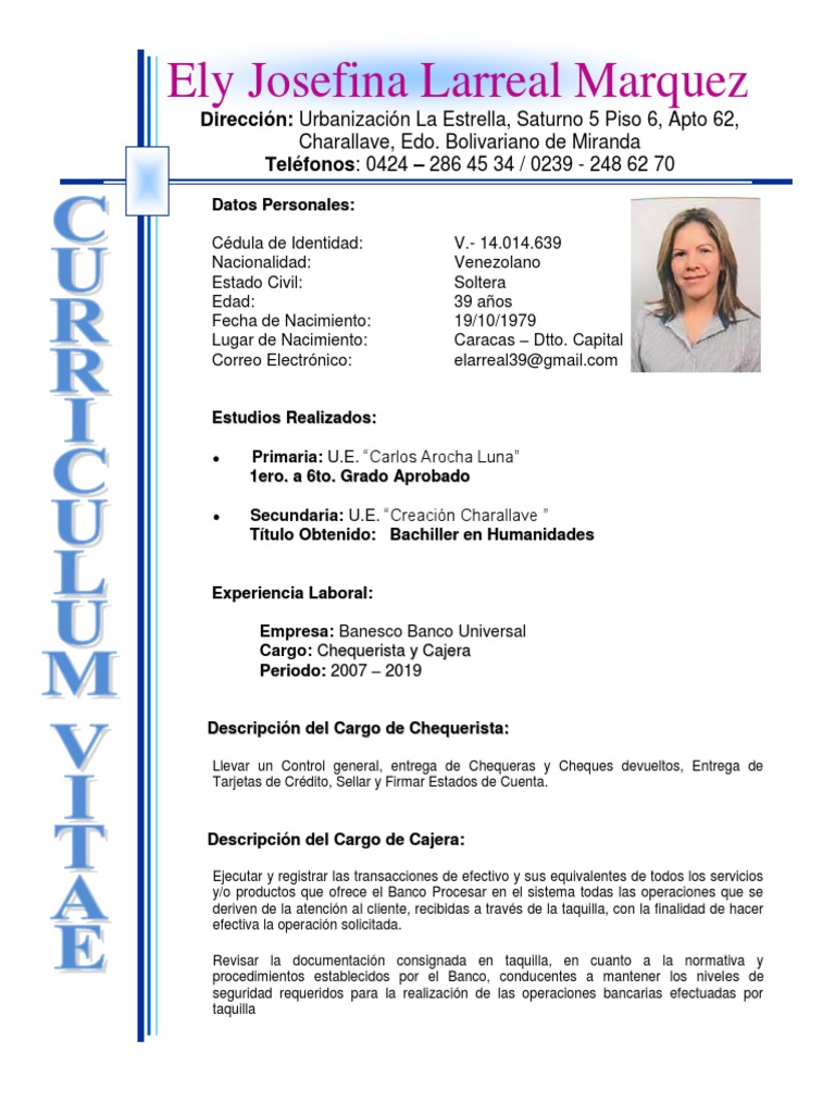 Formato Curriculum Ely Josefina Larreal Marquez | PDF | Bancos | Servicio financiero y comercial