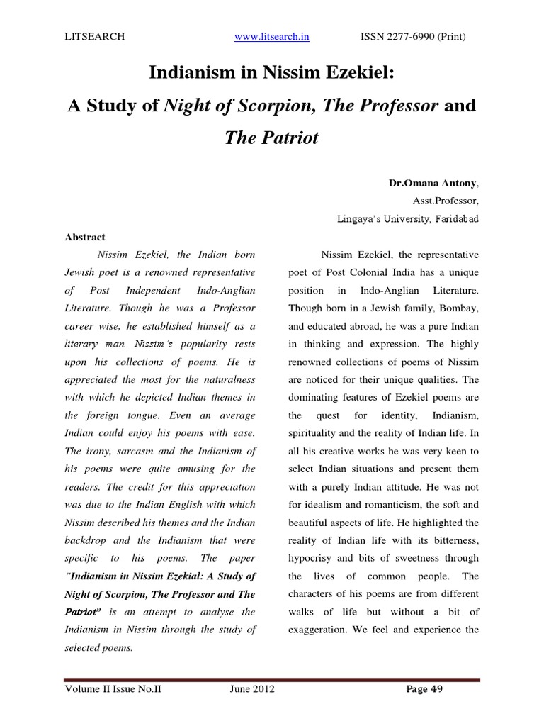 Indianism in Nissim Ezekiel: A Study of Night of Scorpion, The ...