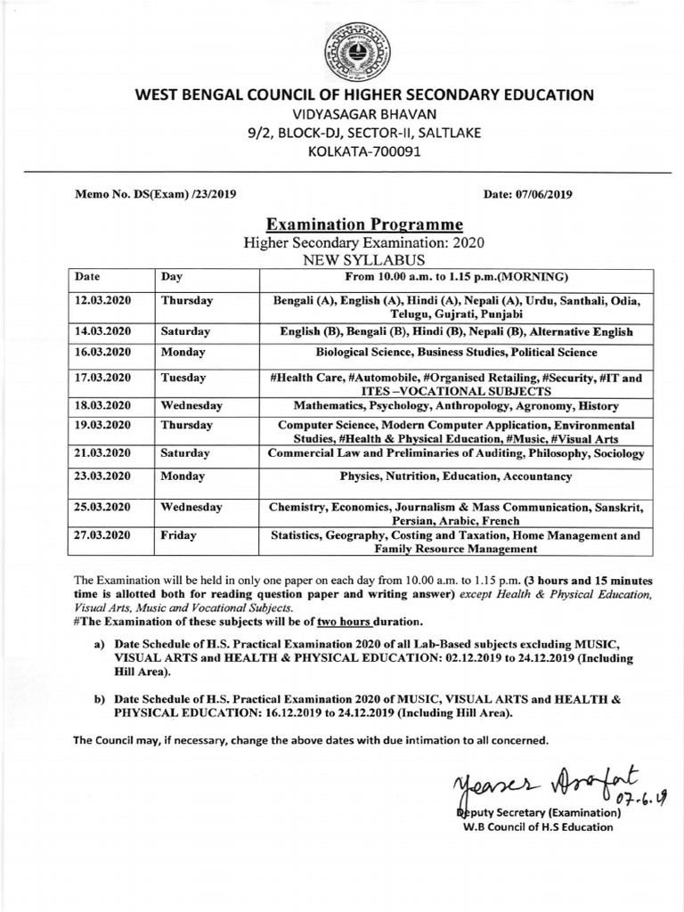 Examination Programme: West Bengal Council Secondary Education | PDF ...