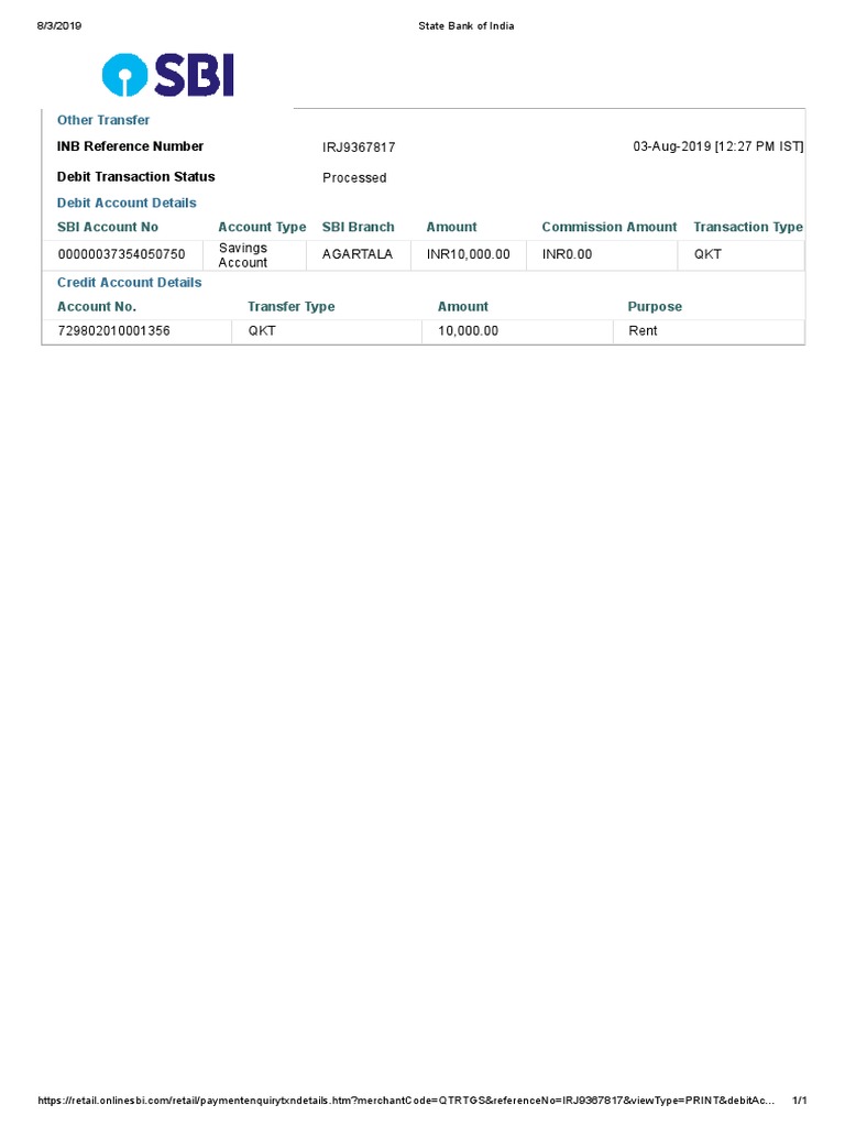 INB Reference Number Debit Transaction Status: IRJ9367817 03-Aug-2019 ...