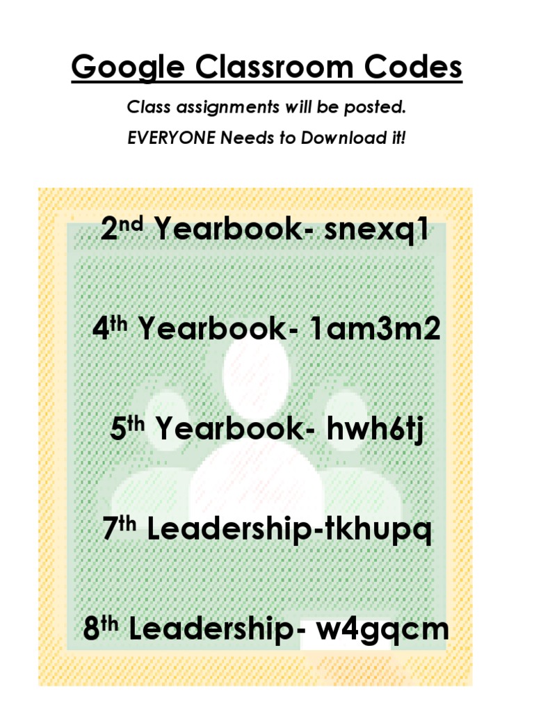 Google Classroom Codes: Class Assignments Will Be Posted. EVERYONE ...