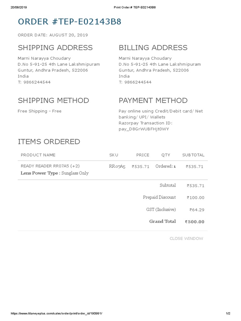 Order Confirmation for TEP-E02143B8 | PDF
