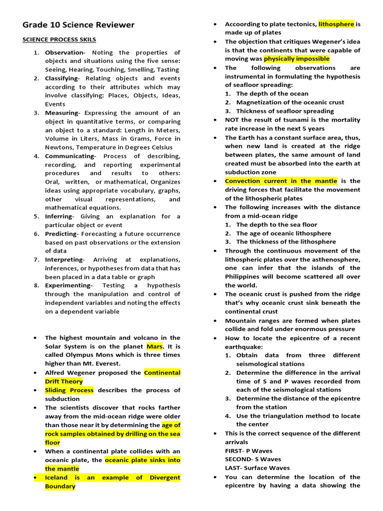 Grade 10 Science 1st Quarter Reviewer | PDF | Plate Tectonics | Geology