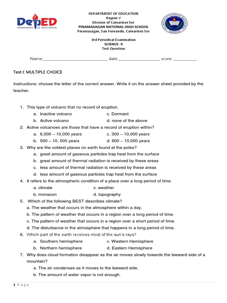 Third Quarter Exam in Grade - 9 | PDF | Types Of Volcanic Eruptions | Lava