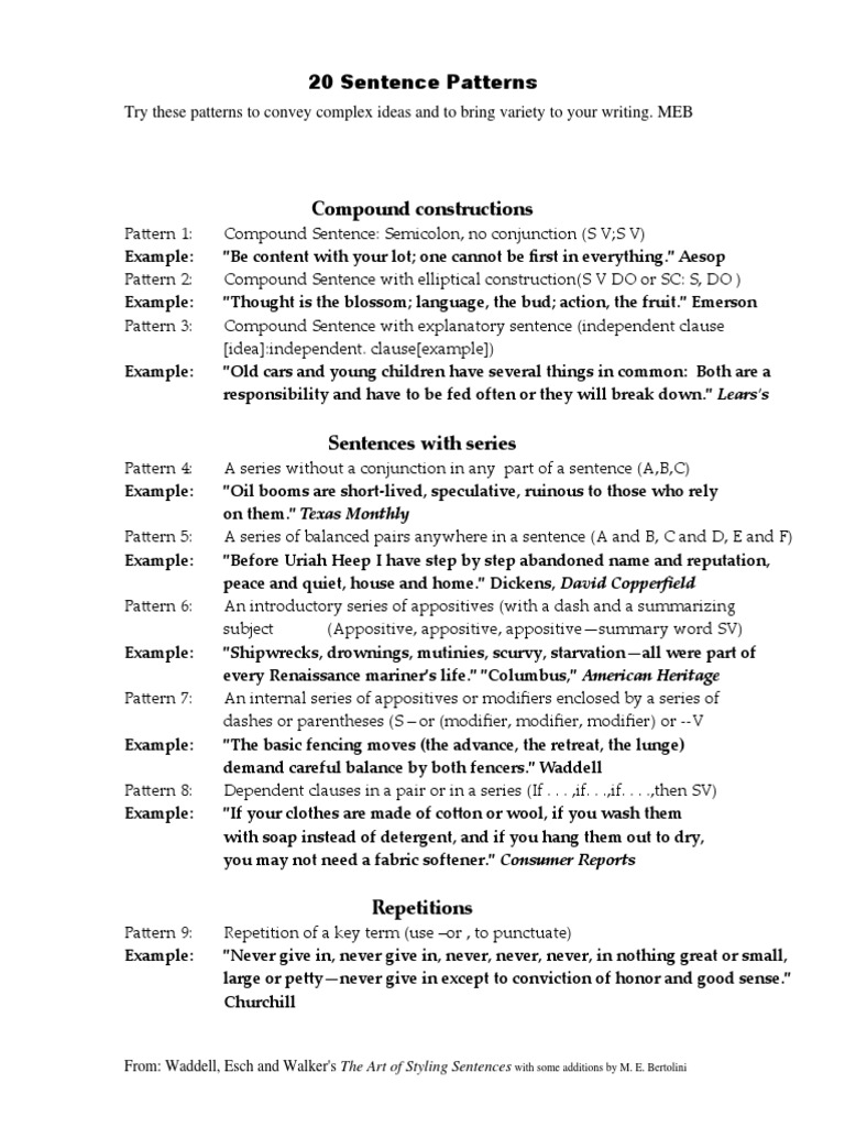 Compound Constructions: 20 Sentence Patterns | PDF | Sentence ...