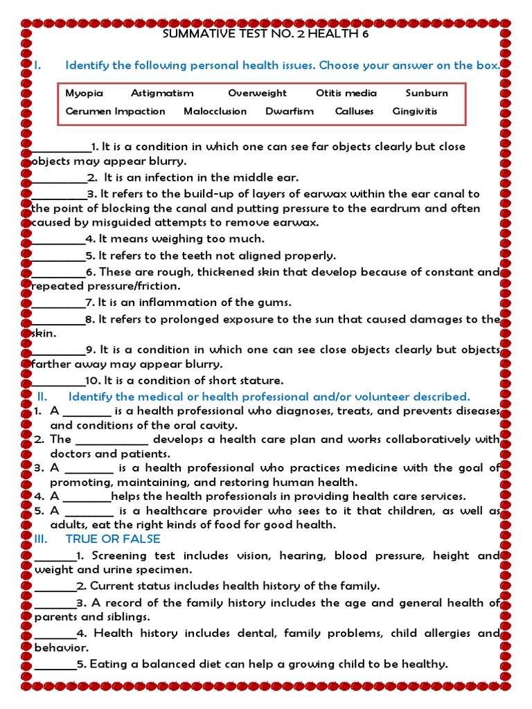 Summative Test No. 2 Health 6 | PDF