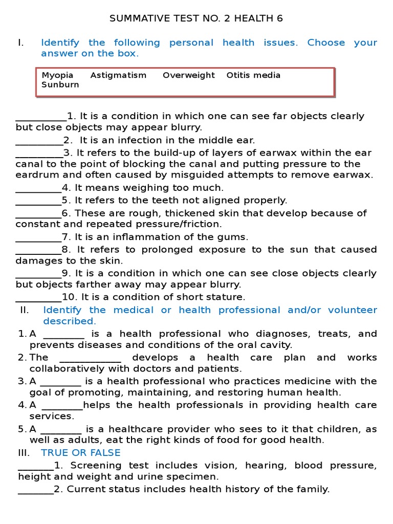 Grade 6 Health Summative Test 2 | PDF | Wellness