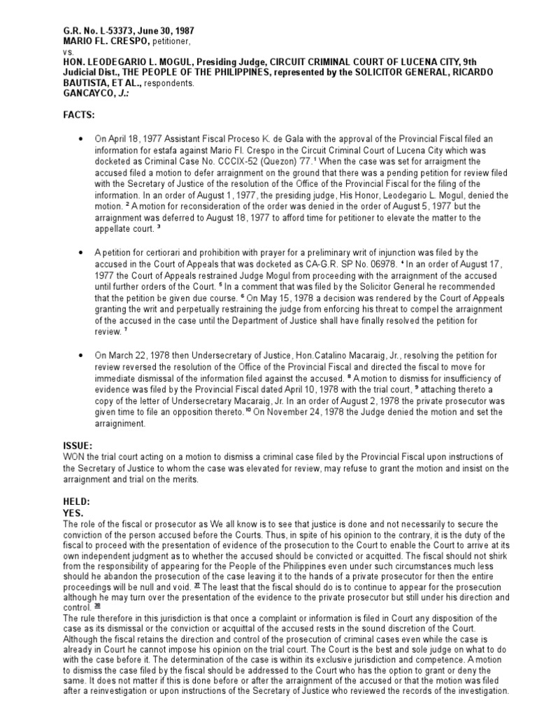 Crespo v. Mogul CASE DIGEST | PDF | Prosecutor | Acquittal