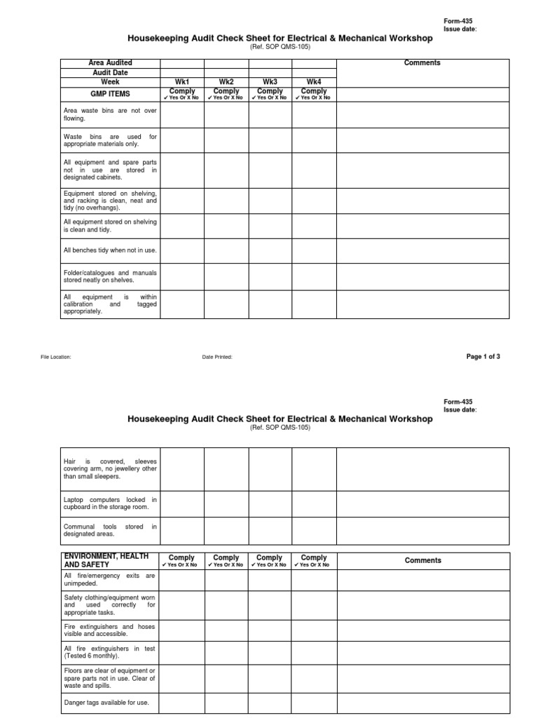 Workshop Housekeeping Audit Checklist | PDF