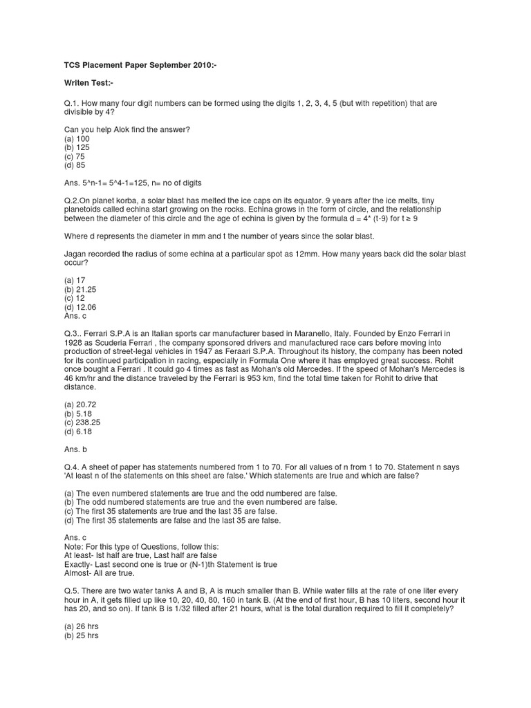 TCS Placement Paper September 2010:-Writen Test | PDF | Ferrari ...