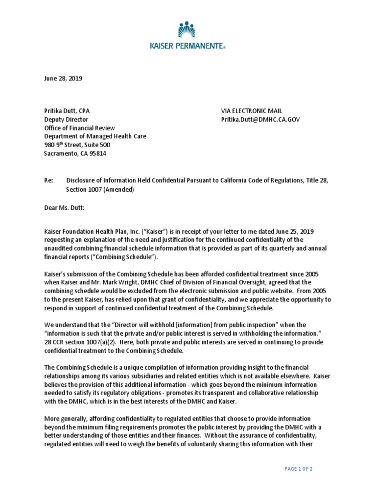 Kaiser Request For Confidentiality | PDF | Confidentiality | Financial ...