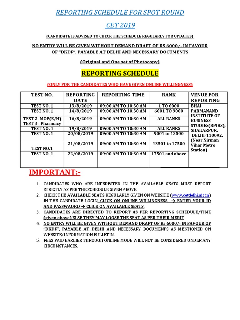 CET 2019 Spot Round Reporting Schedule | PDF | Business | Finance ...