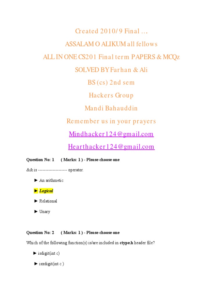 CS201 Final Exam Solved Papers | PDF | Subroutine | Class (Computer Programming)