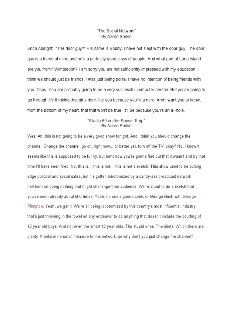 Monologues in The Style of Aaron Sorkin | PDF | Art | Mystery, Thriller ...