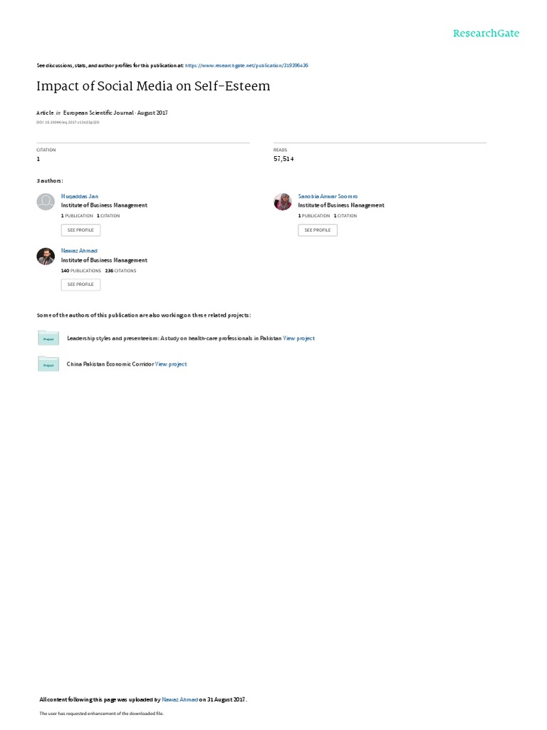 Impact of Social Media On Self Esteem | PDF | Dependent And Independent ...