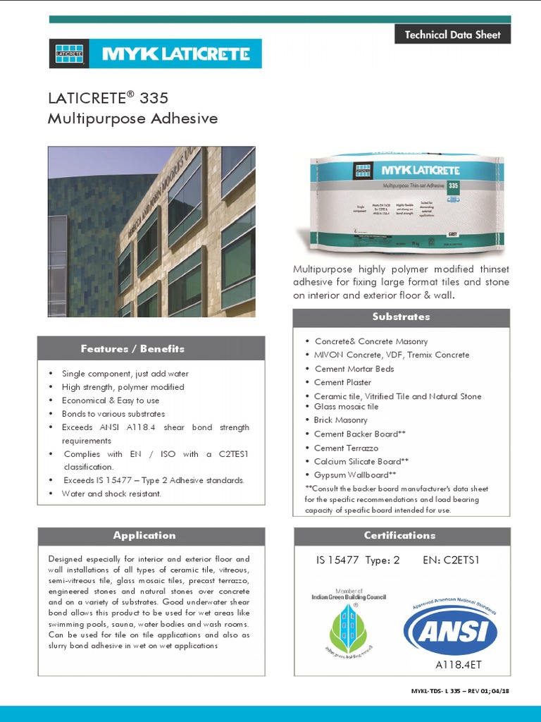 Laticrete 335 Multipurpose Adhesive: Technical Data Sheet | PDF ...