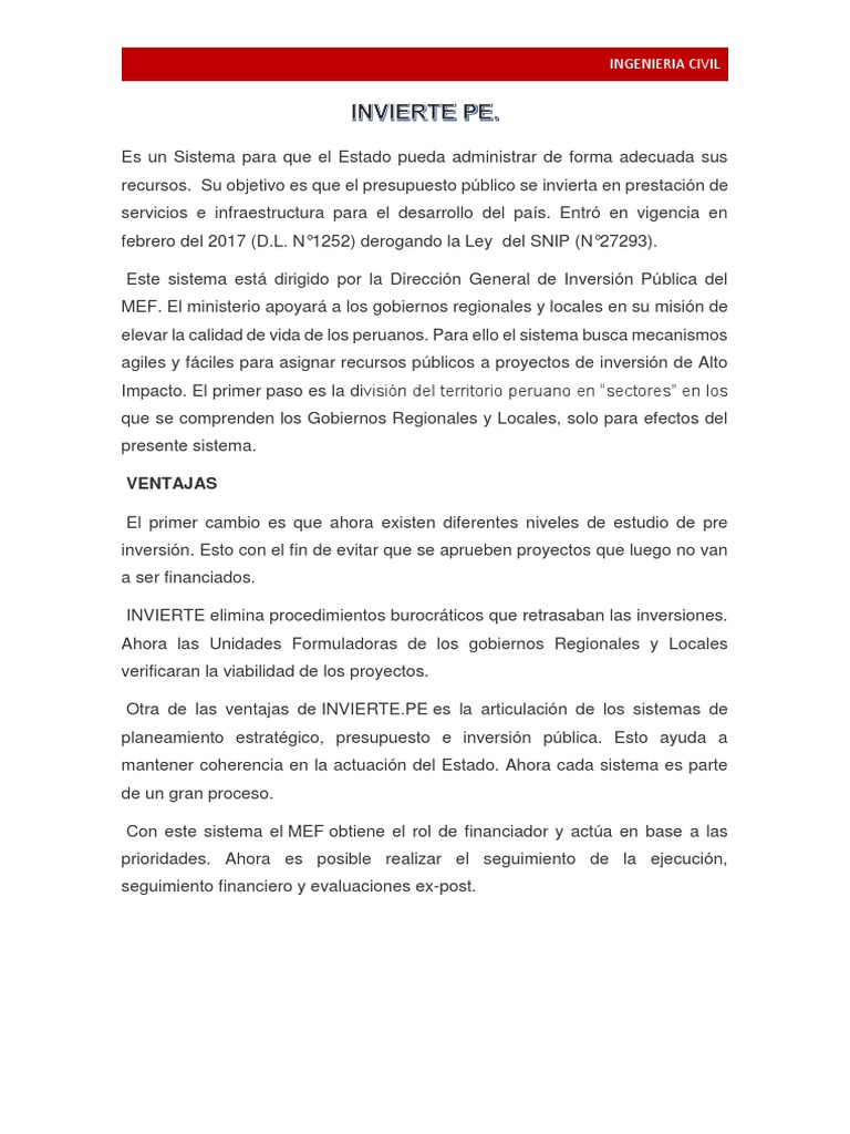 INVIERTE Pe | PDF | Presupuesto | Bancos