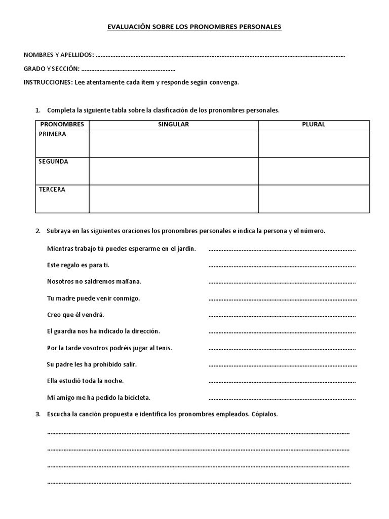 Evaluación Sobre Los Pronombres Personales | PDF | Numero Gramatical ...