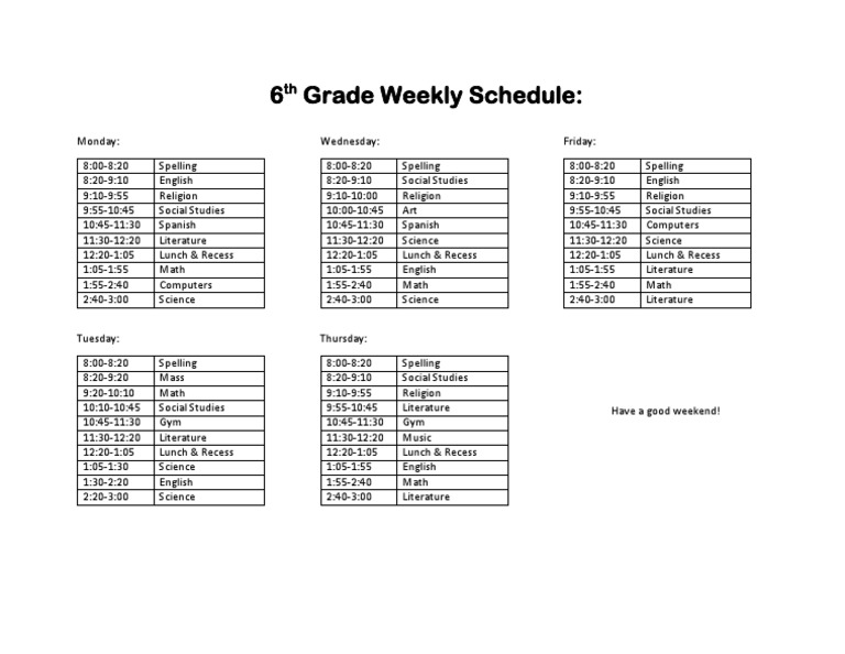 6th Grade Student Weekly Schedule | PDF