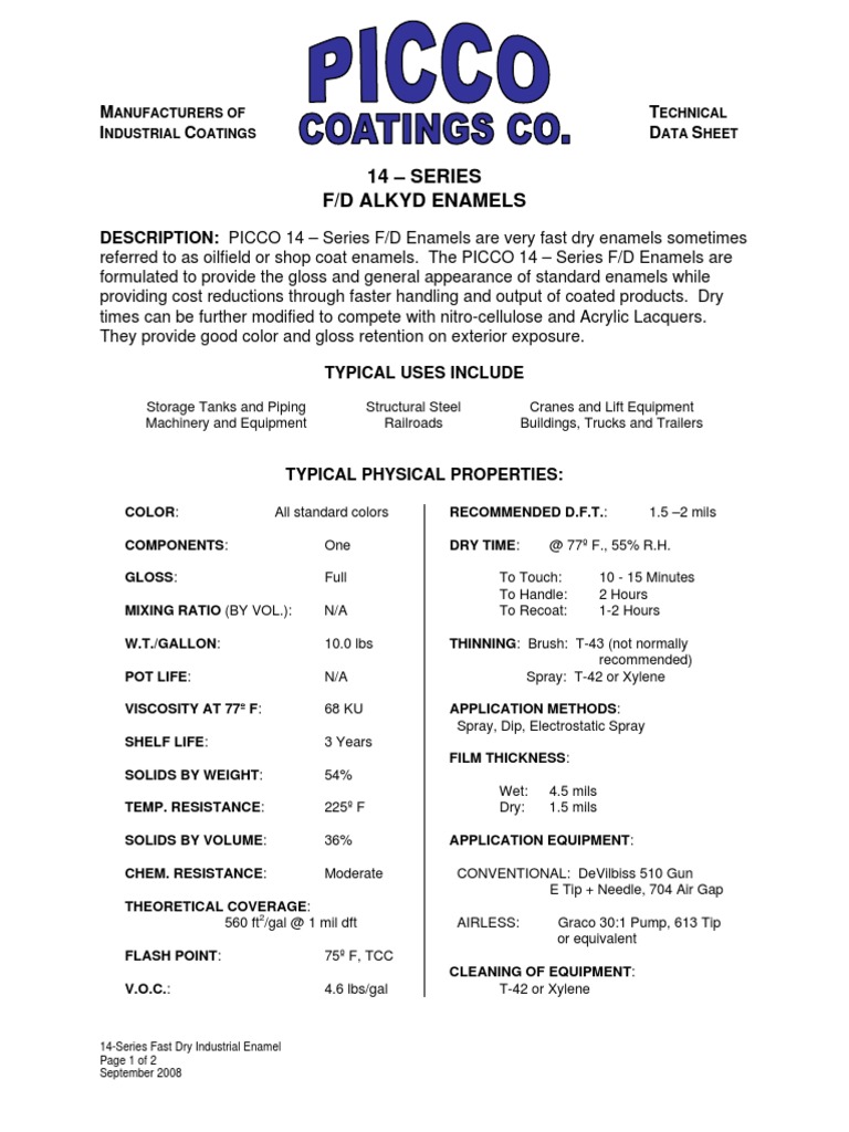 Picco Coatings 14 Series Fast Dry Industrial Enamel | PDF | Paint ...