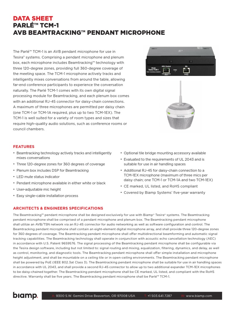 Biamp Data Sheet Parle Tcm-1 Jul19 | Microphone | Equalization (Audio)