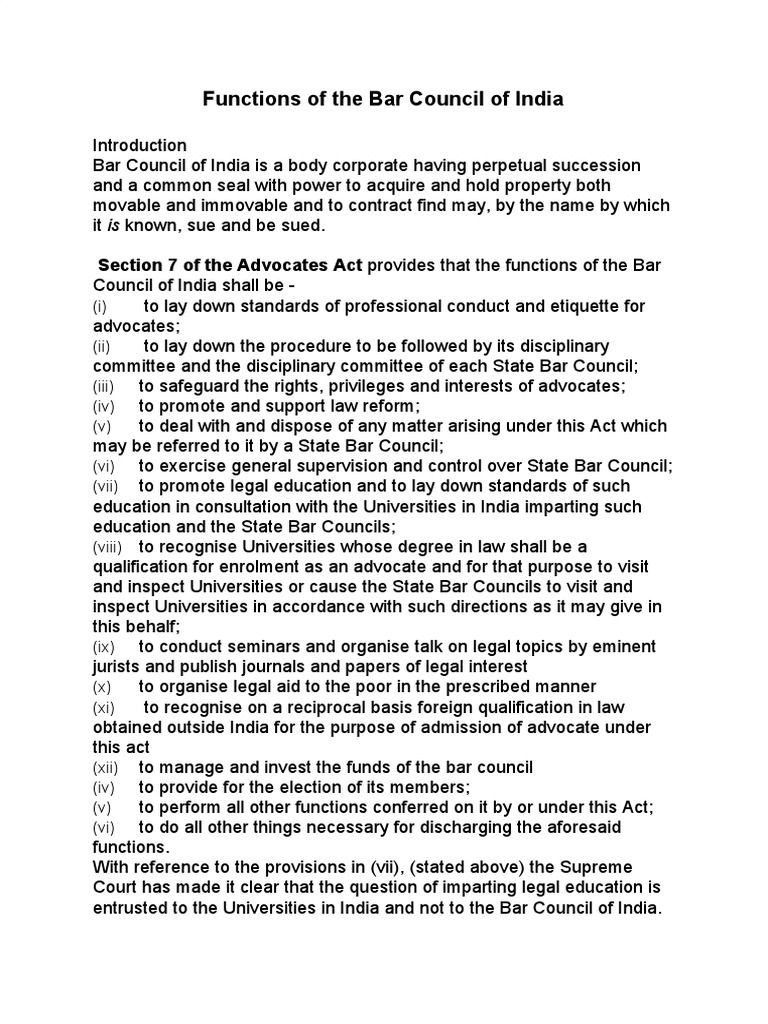Functions of The Bar Council of India | PDF | Advocate | Supreme Court ...