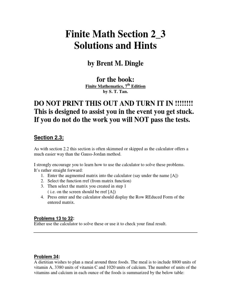 Finite Math Section 2 - 3 Solutions and Hints | PDF | Teaching ...