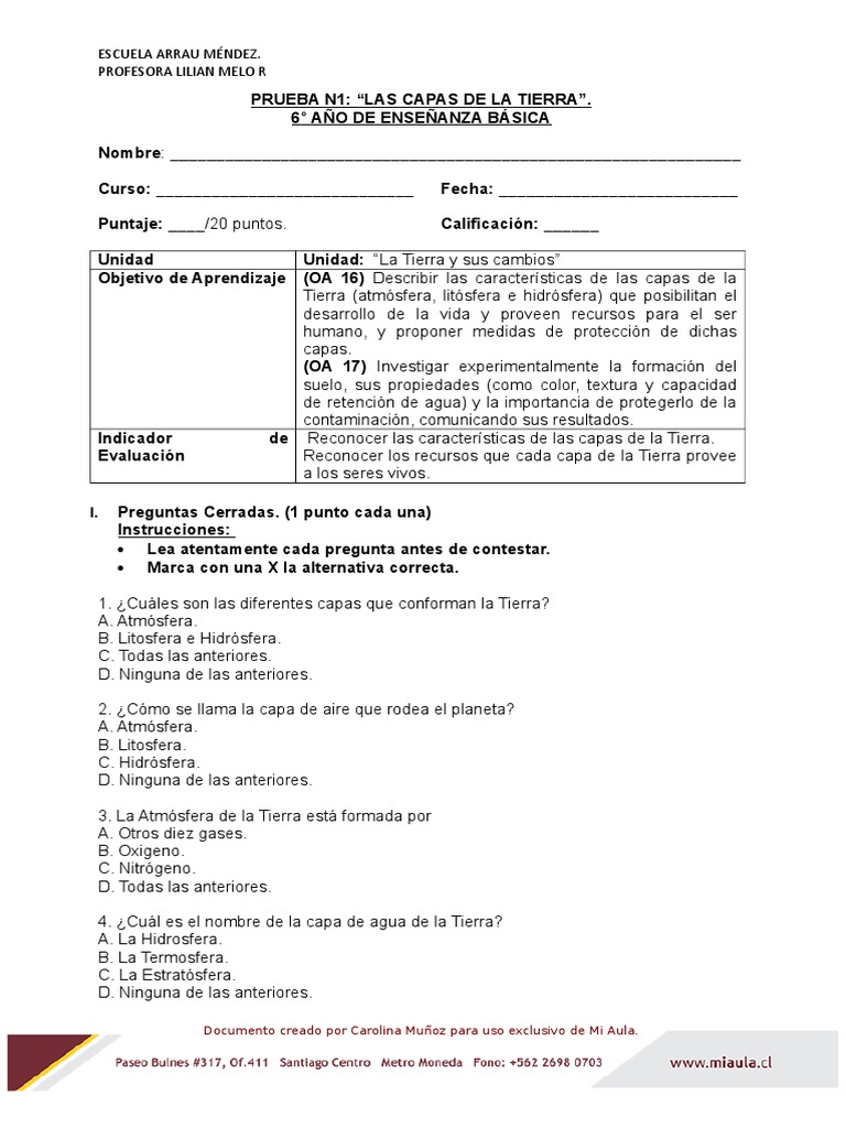 Prueba Las Capas de La Tierra | PDF | Tierra | Agua dulce