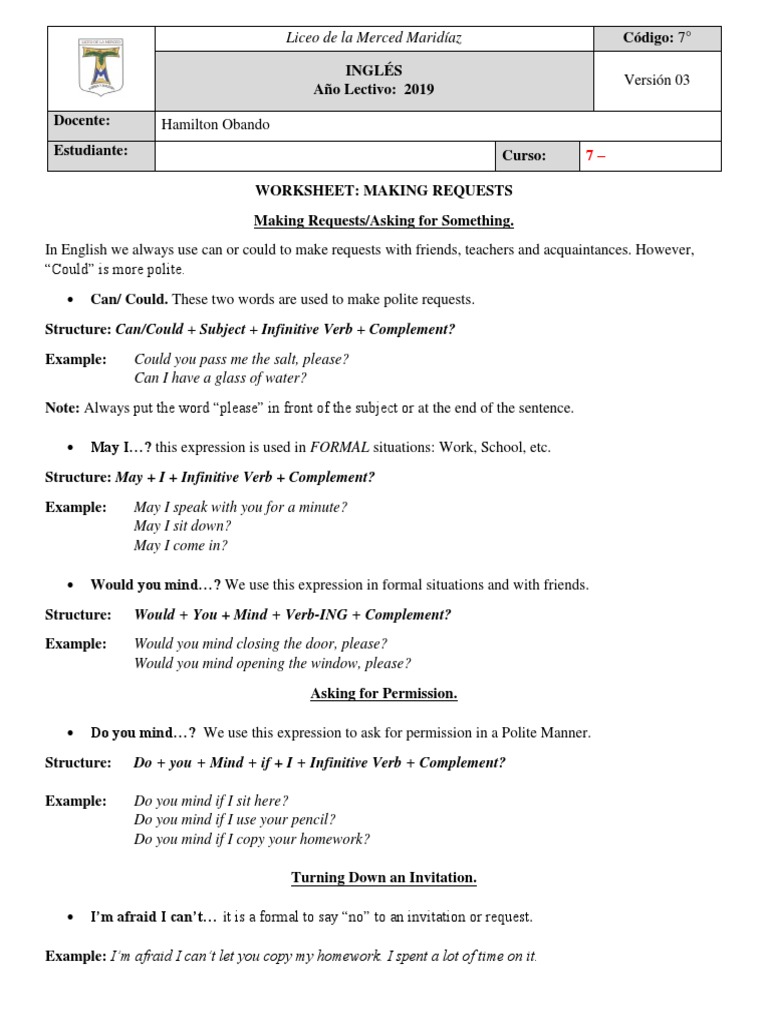 Requests Worksheet | PDF | Grammar | Linguistics