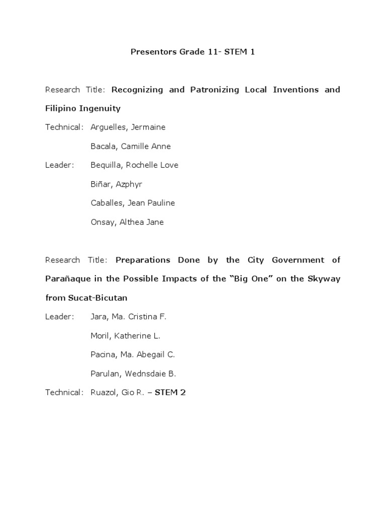 Presentors Grade 11-STEM 1 | PDF | Science & Mathematics