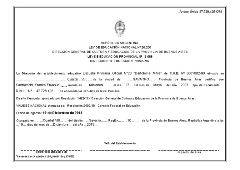 Certificado de Finalización Primaria | PDF